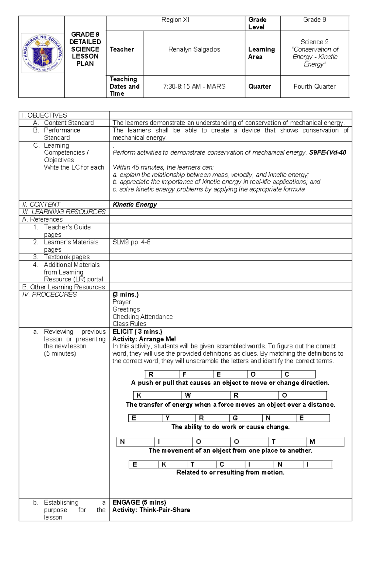 DLP Kinetic Energy Lesson Plan - Science 9 - BCVVNBM, BGHJK - Studocu