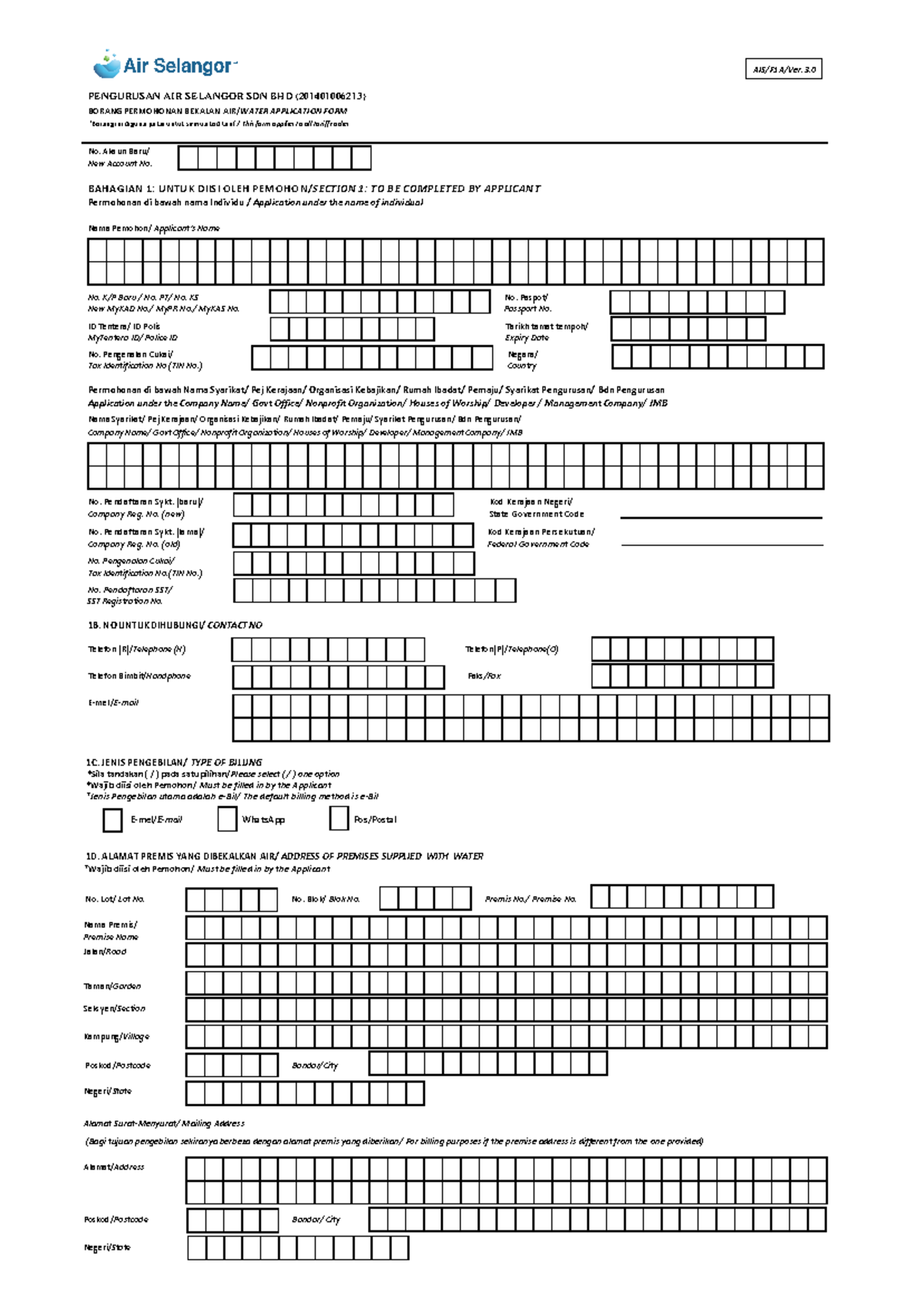 Water Application Form for Selangor SDN BHD (Version 3.0) - Studocu