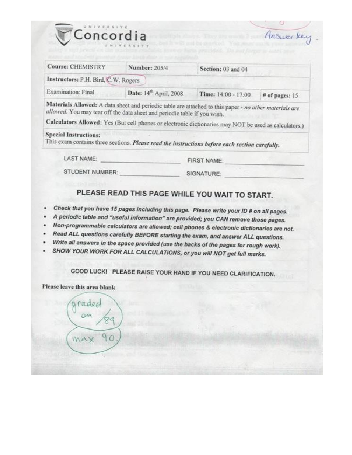Chem 205 W08 Final Exam Solutions for Sections 03 & 04 - Studocu