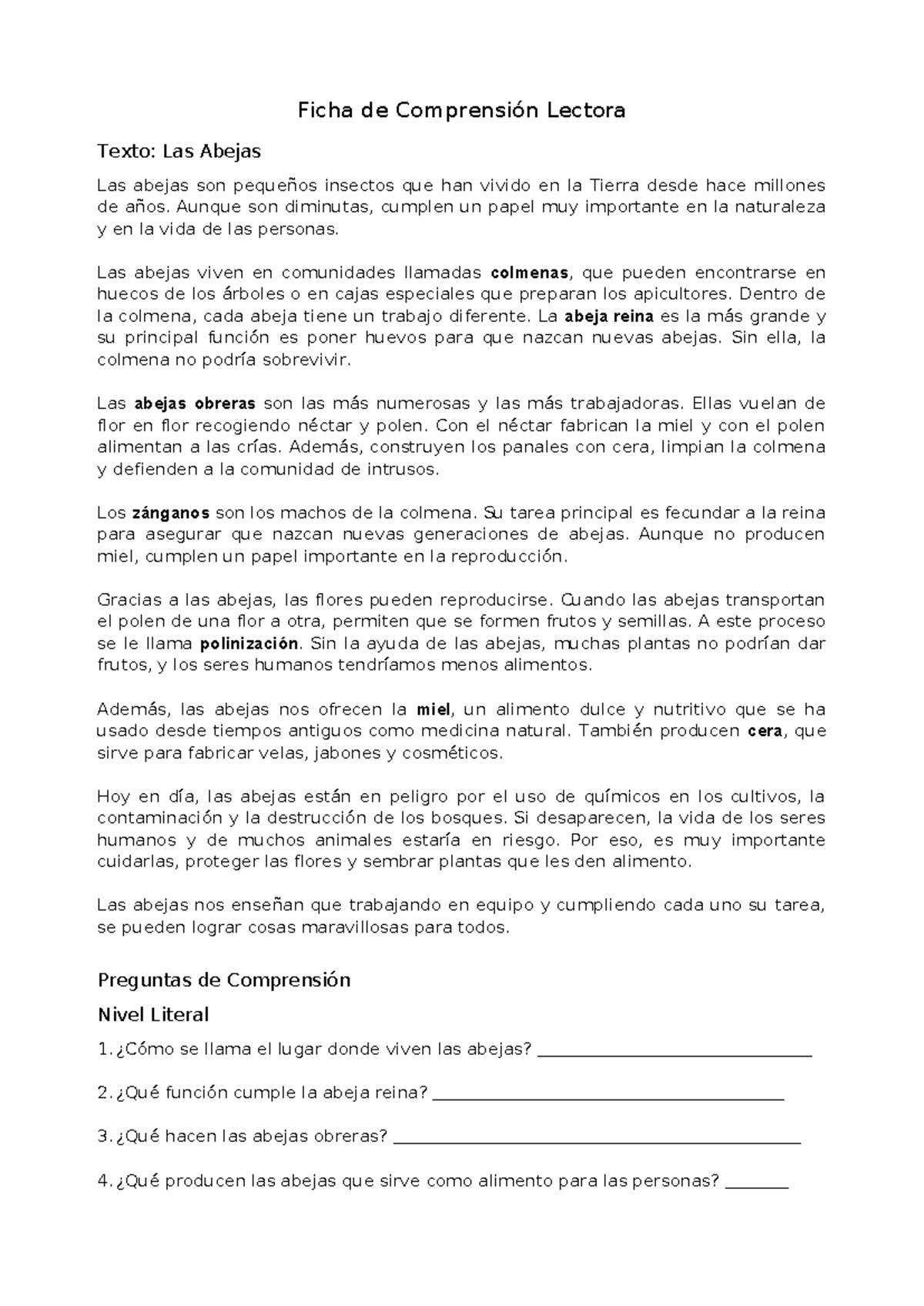 Ficha de Comprensión Lectora: Las Abejas y su Importancia - Studocu