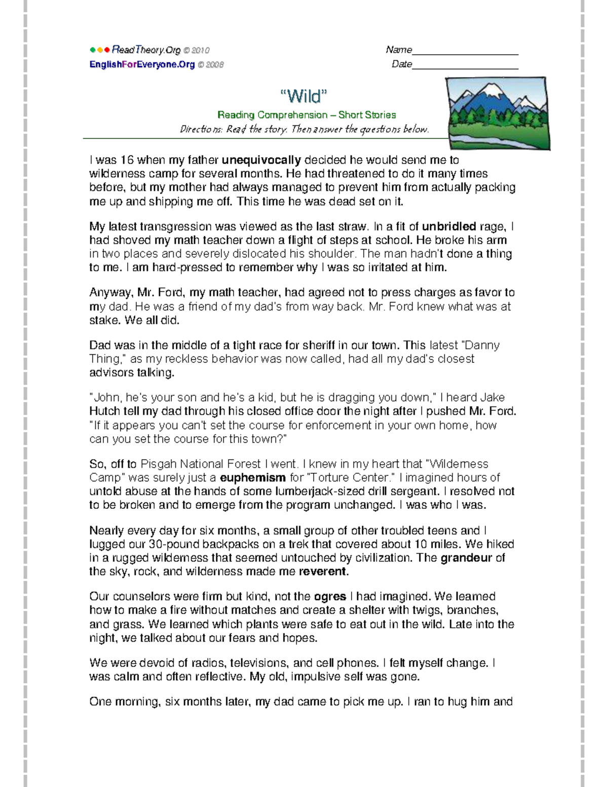 Wild - URT Practice: Reading Comprehension & Analysis - Studocu