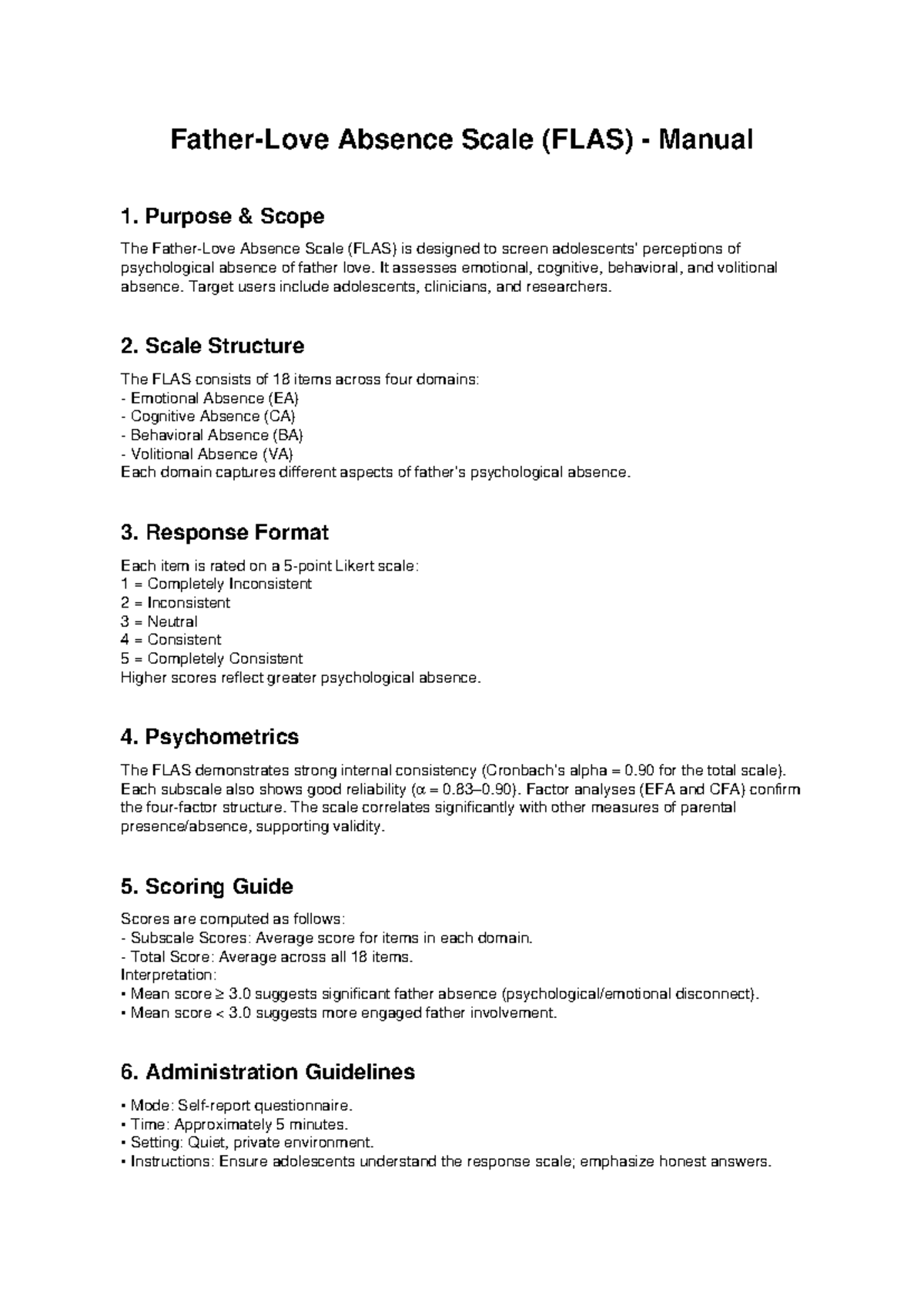 Father-Love Absence Scale (FLAS) Manual: Structure & Guidelines - Studocu