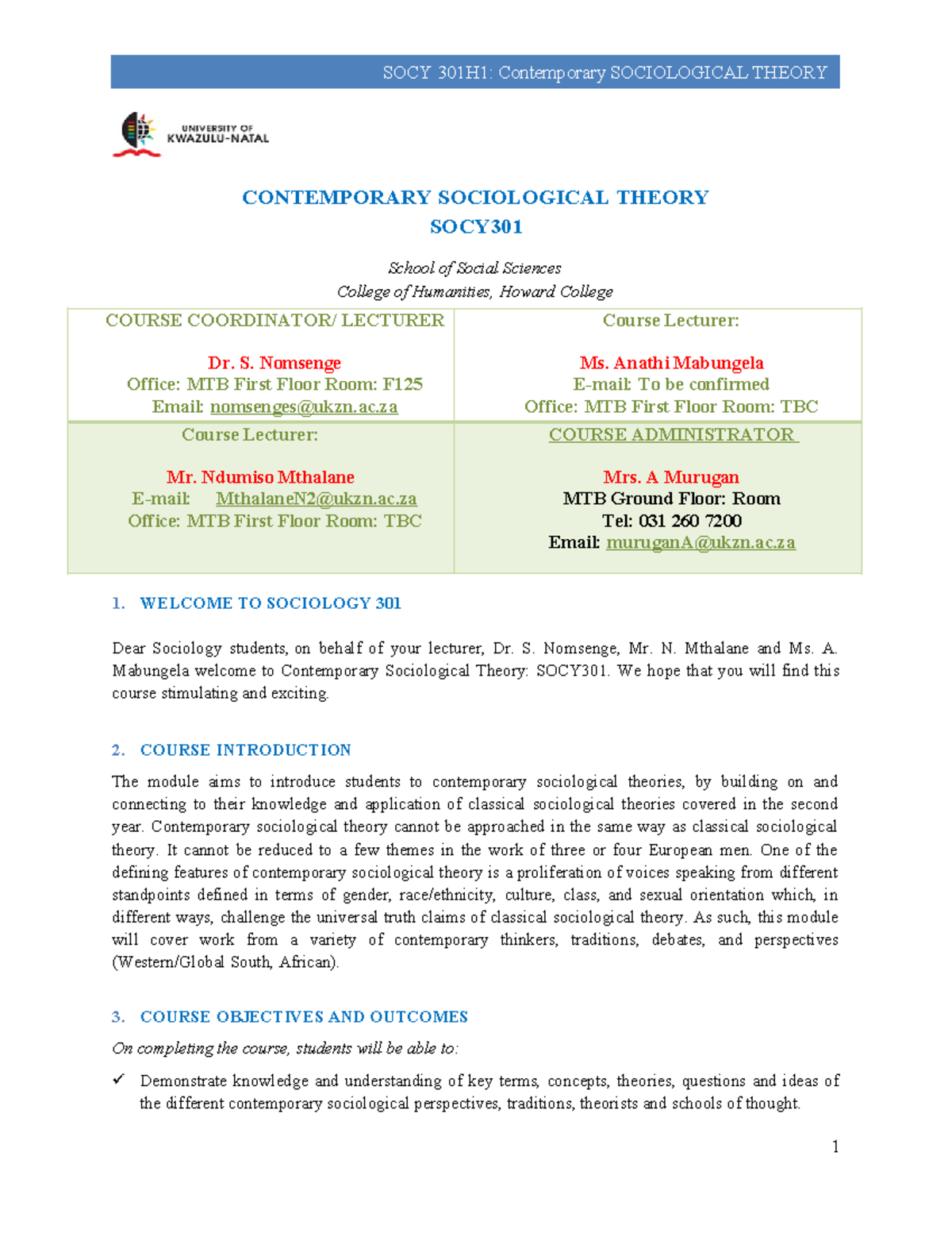 SOCY 301H1: Course Outline for Contemporary Sociological Theory 2025 ...