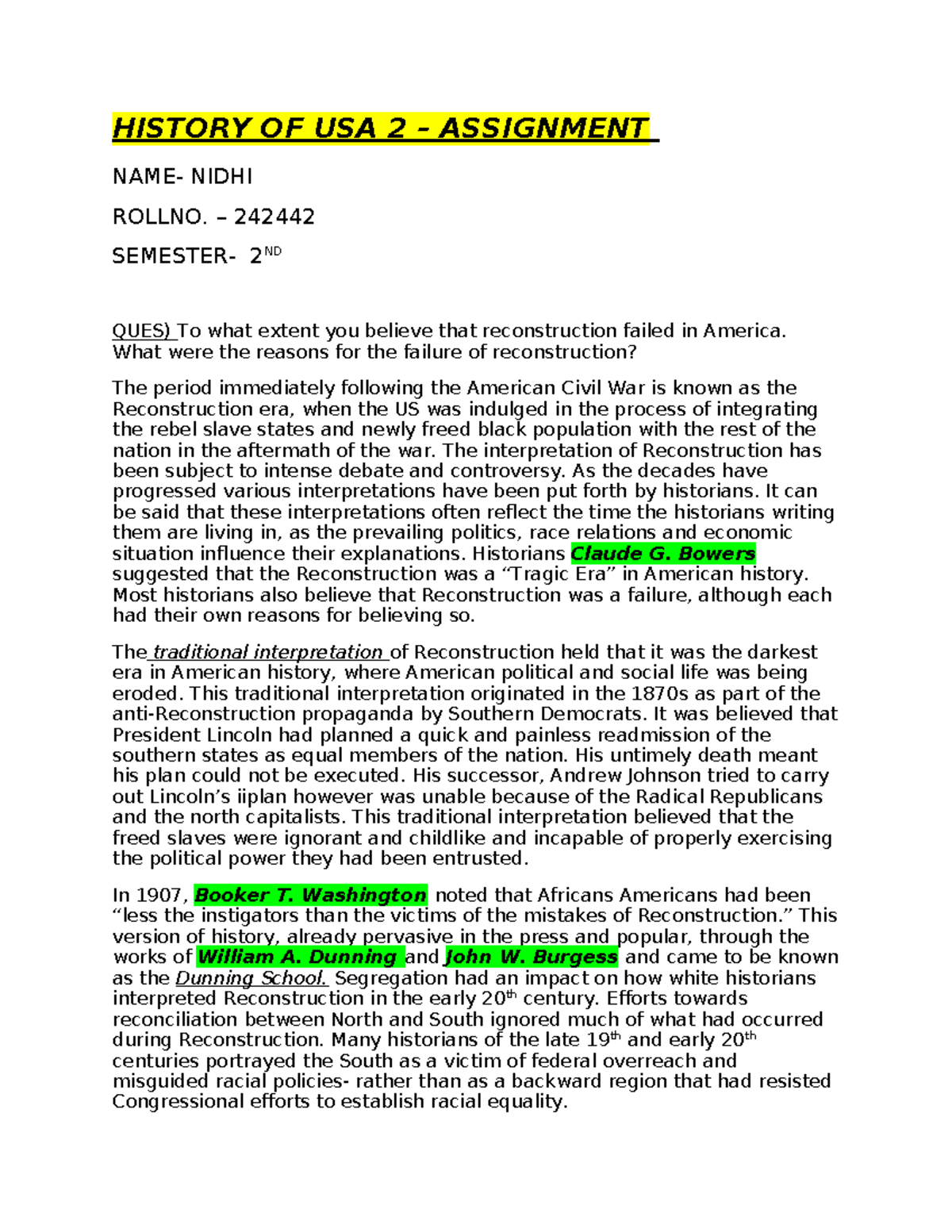 HISTORY OF USA 2 ASSIGNMENT: Analyzing the Failure of Reconstruction ...