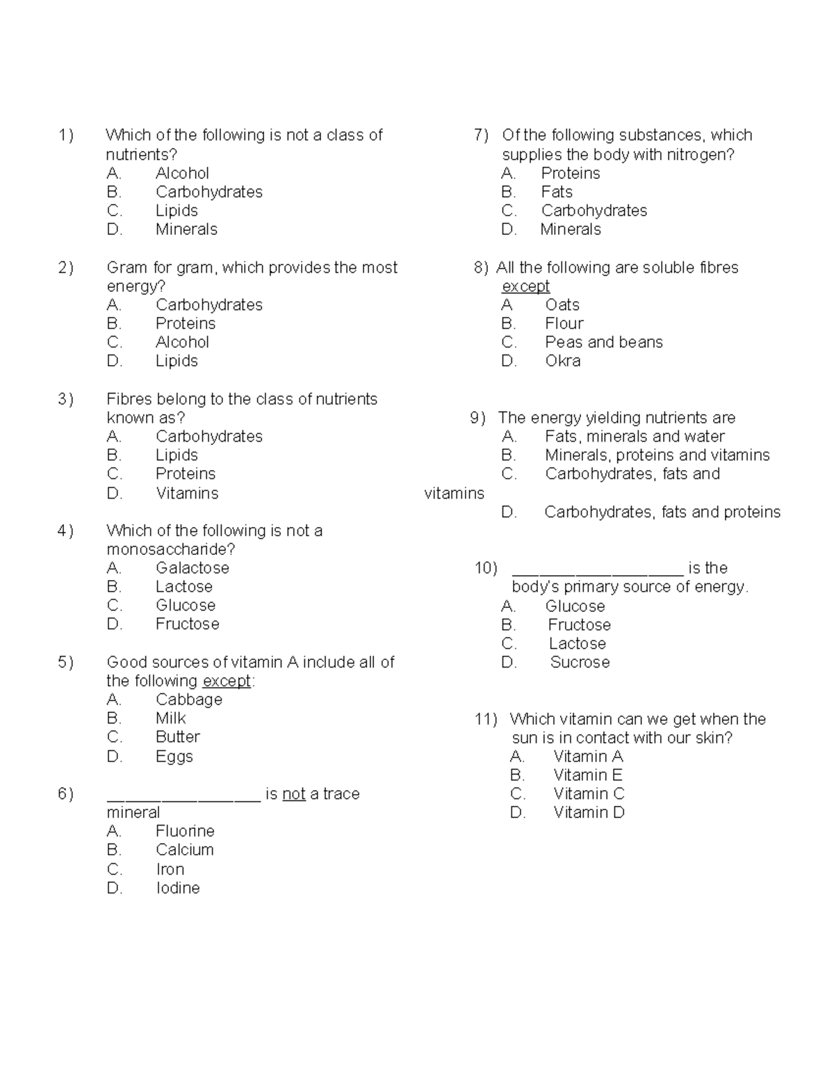 F&N 101: Multiple Choice Questions on Nutrients and Diet - Studocu