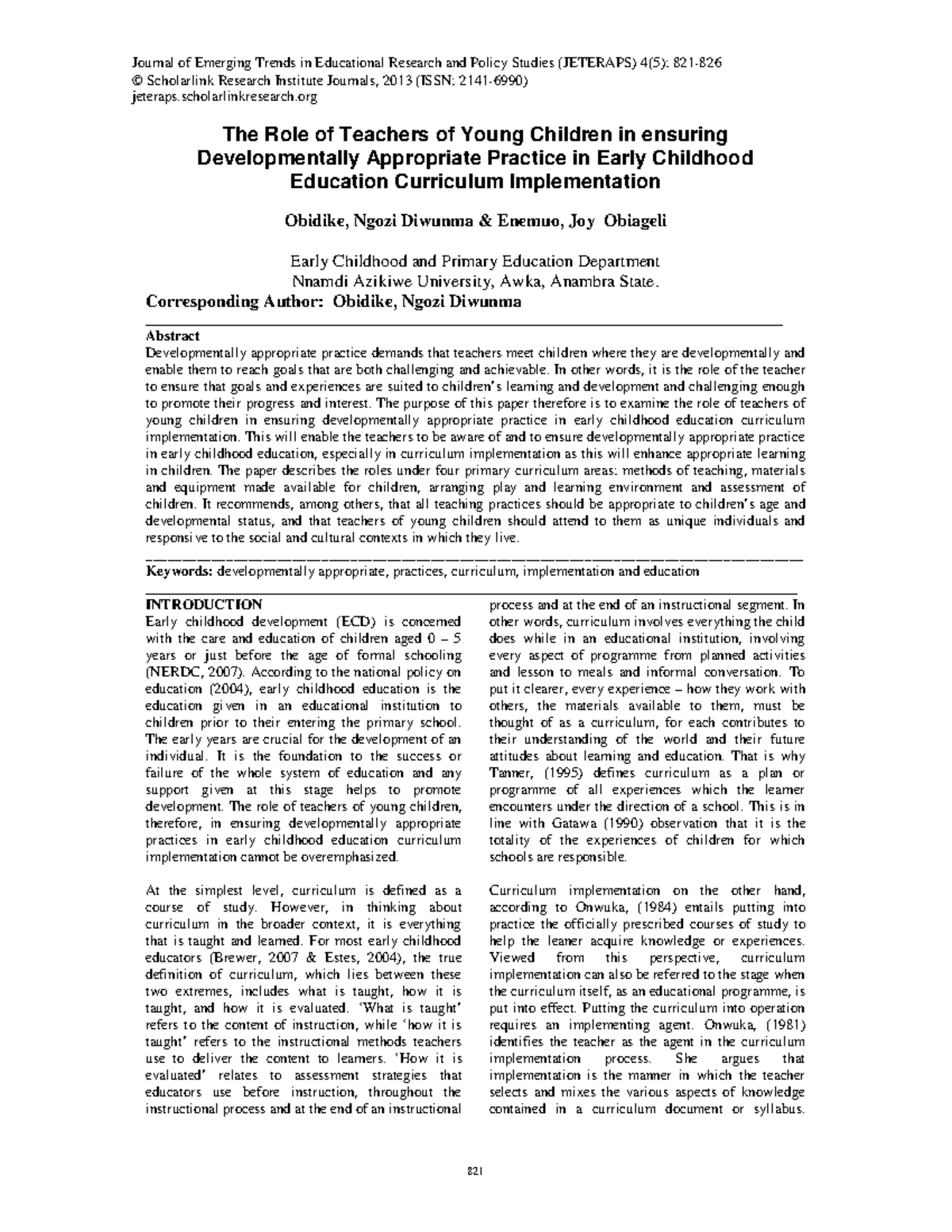 Teachers' Role in Implementing Developmentally Appropriate Practices in ...