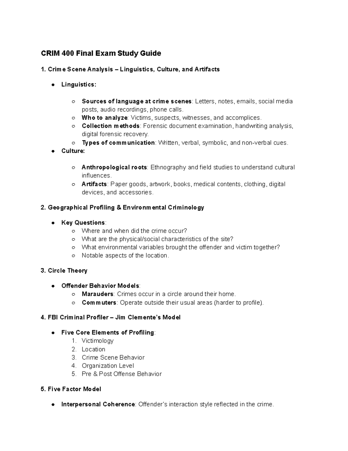 CRIM 400 Final Exam Study Guide: Crime Scene Analysis & Forensics ...