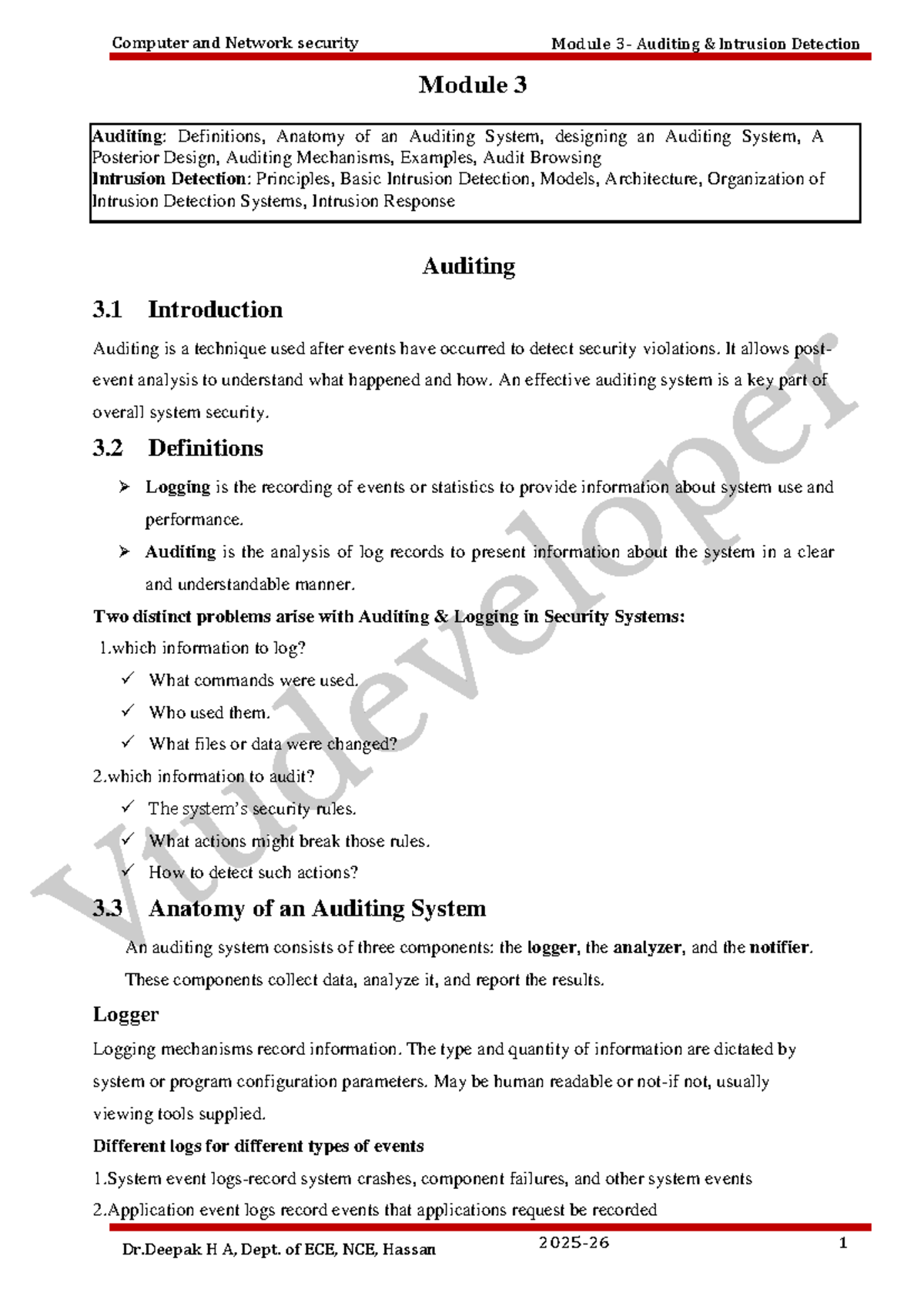 ECE CNS Mod 3 - Auditing and Intrusion Detection Overview - Studocu