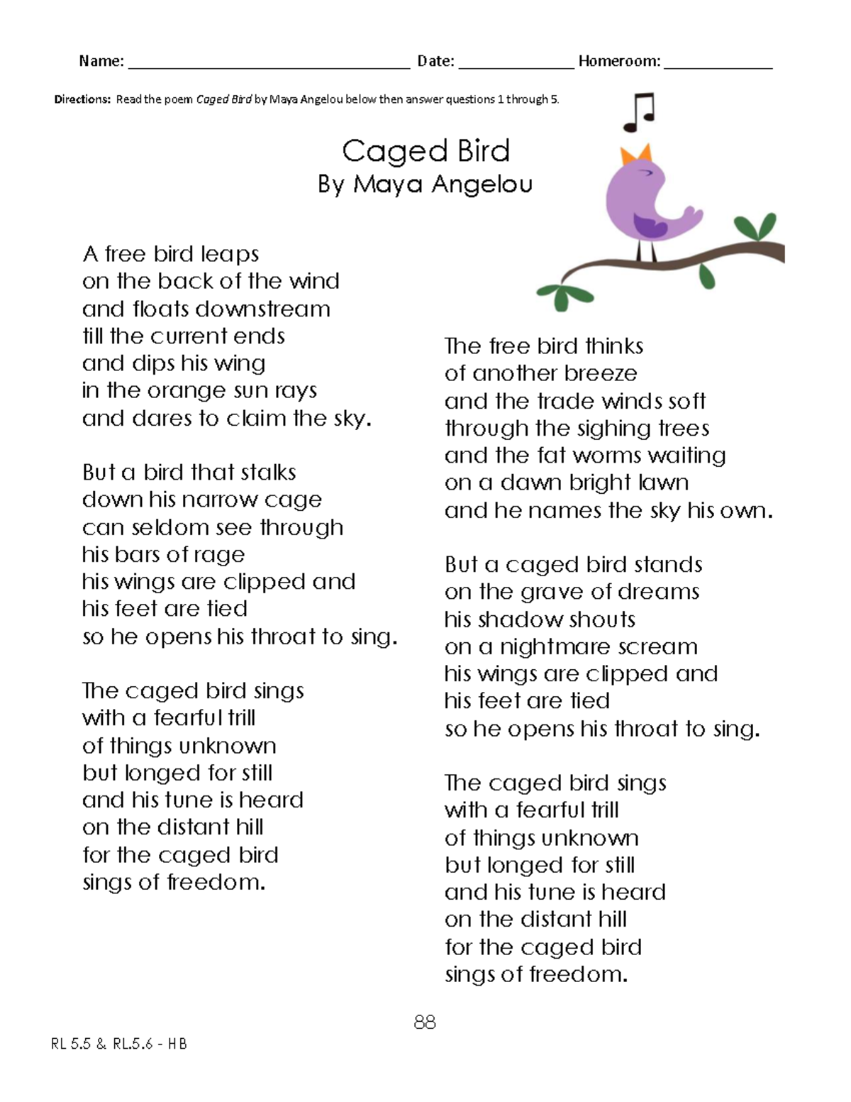 Poem Analysis: "Caged Bird" by Maya Angelou with Questions - RL 5.5, RL ...
