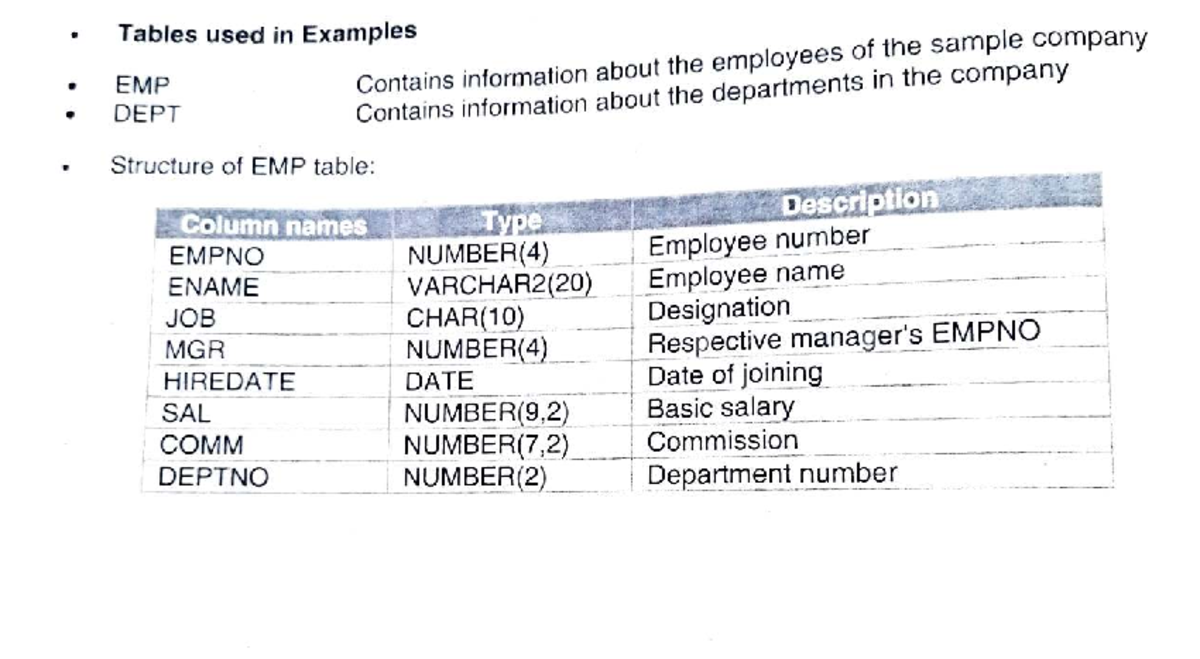 EMP DEPT Table Structure Overview - DBMS - Studocu