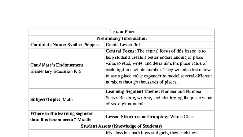 3rd Grade Lesson Plan: Understanding Place Value in Math - Studocu