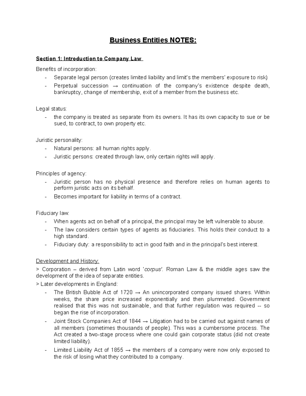 Business Entities NOTES: Company Law, Agency, and Partnerships Overview ...