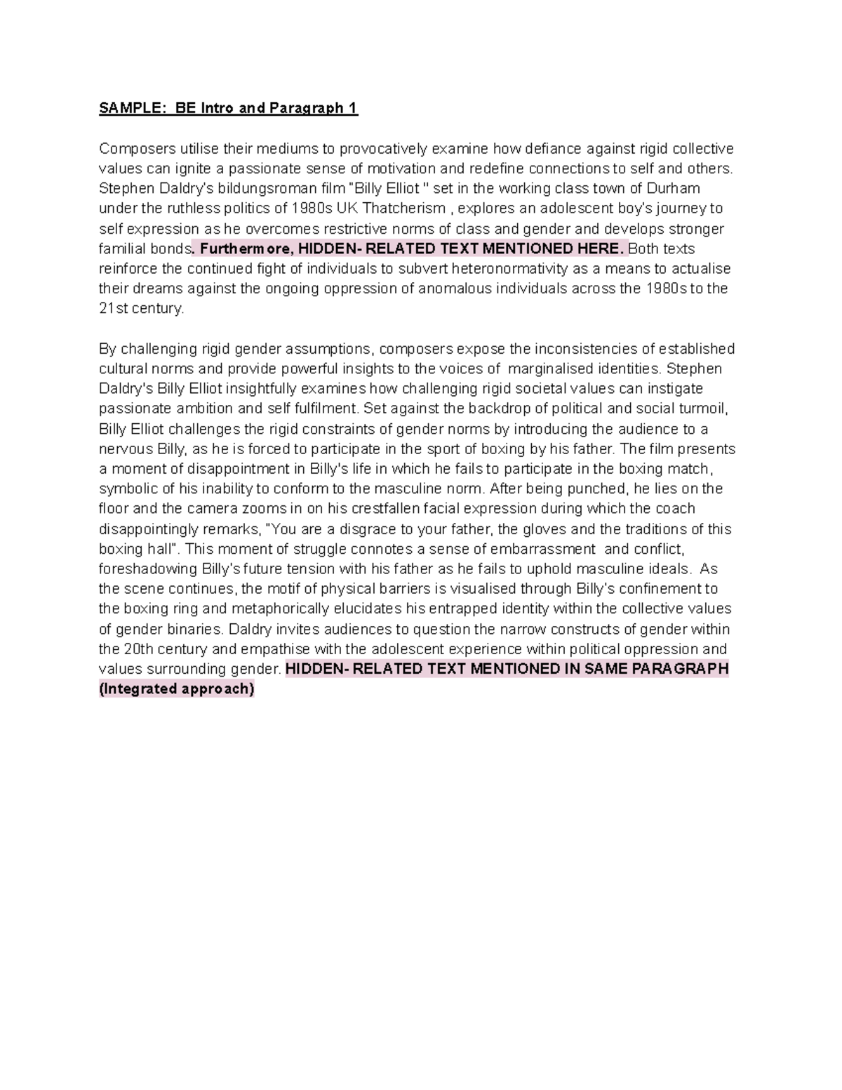 Sample BE Intro & Paragraph 1: Defiance in Billy Elliot - Studocu