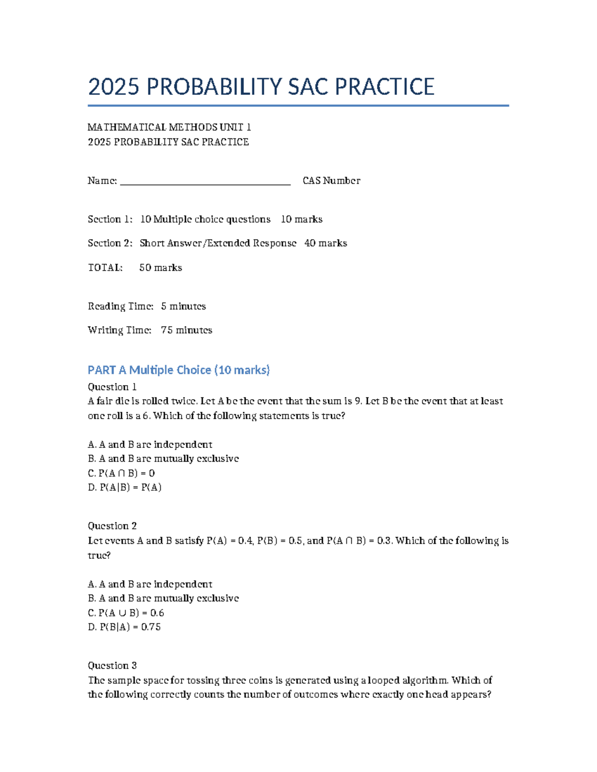 2025 PROBABILITY SAC PRACTICE - MATHEMATICAL METHODS UNIT 1 - Studocu