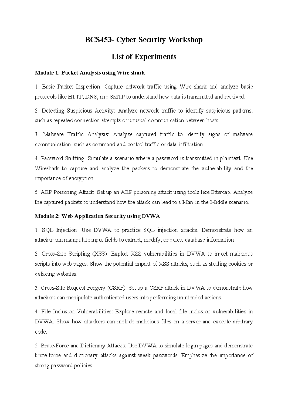 Experiments List for BCS453 - Cyber Security Workshop - Studocu