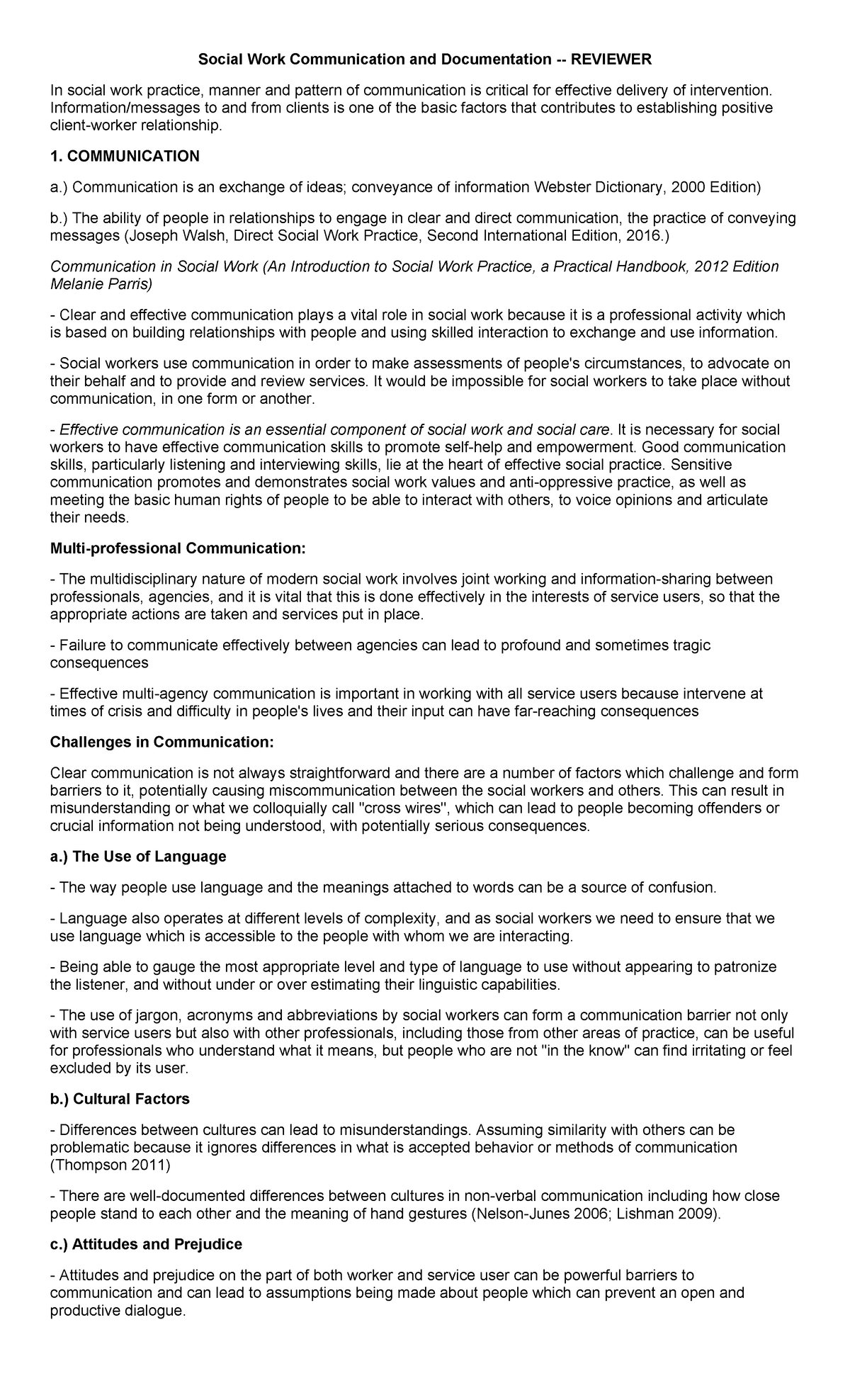 Social Work 101: Effective Communication & Documentation REVIEWER - Studocu