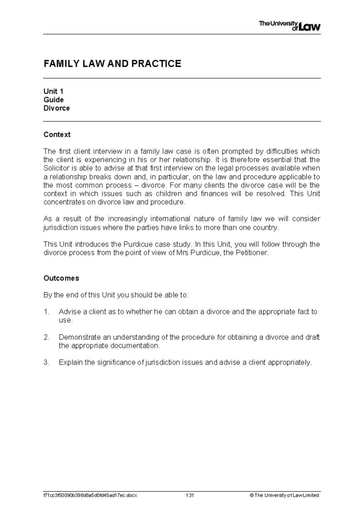 FAMILY LAW AND PRACTICE Unit 1 Workshop Notes: Divorce Context ...