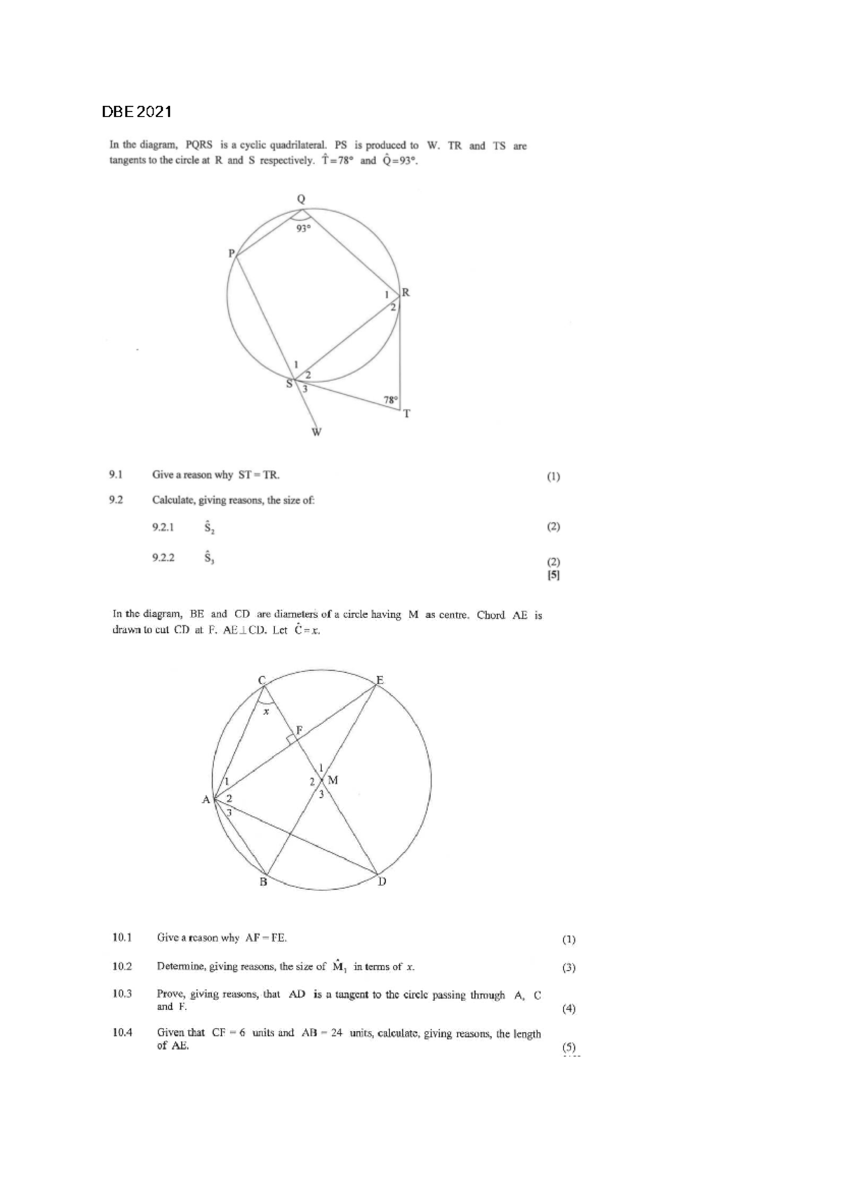 DBE Circle Geometry Practice Work: Cyclic Quadrilaterals and Tangents ...