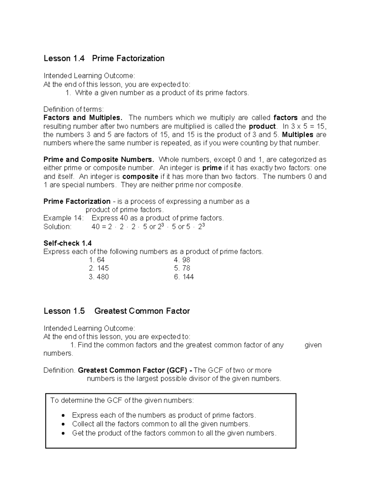 Lesson 1.4-1.6: Prime Factorization, GCF & LCM Concepts - Studocu