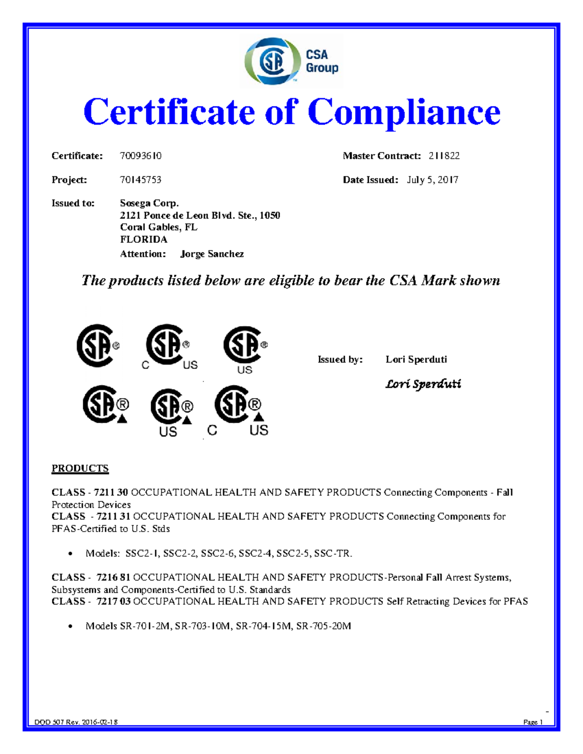 Certificado de Cumplimiento de Sosega Corp para Mosquetones y ...