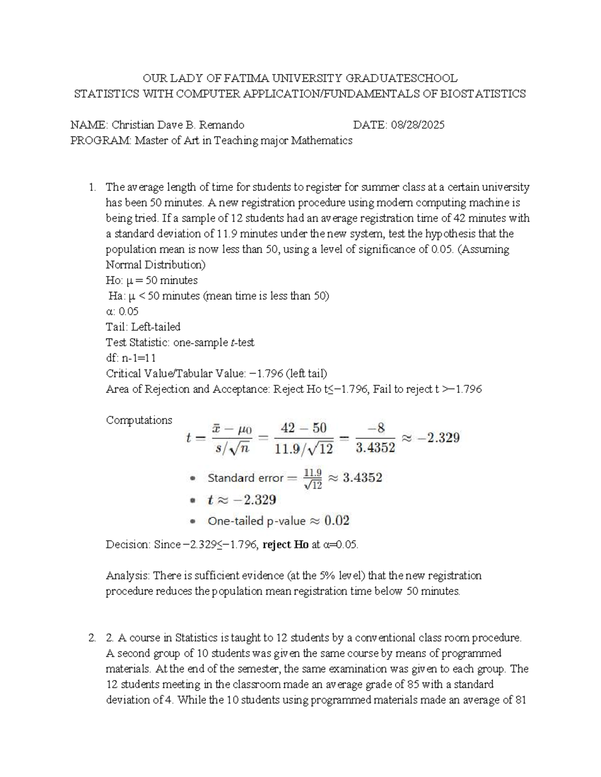 MA in Teaching Math: Statistics t-test Analysis Worksheet - Studocu