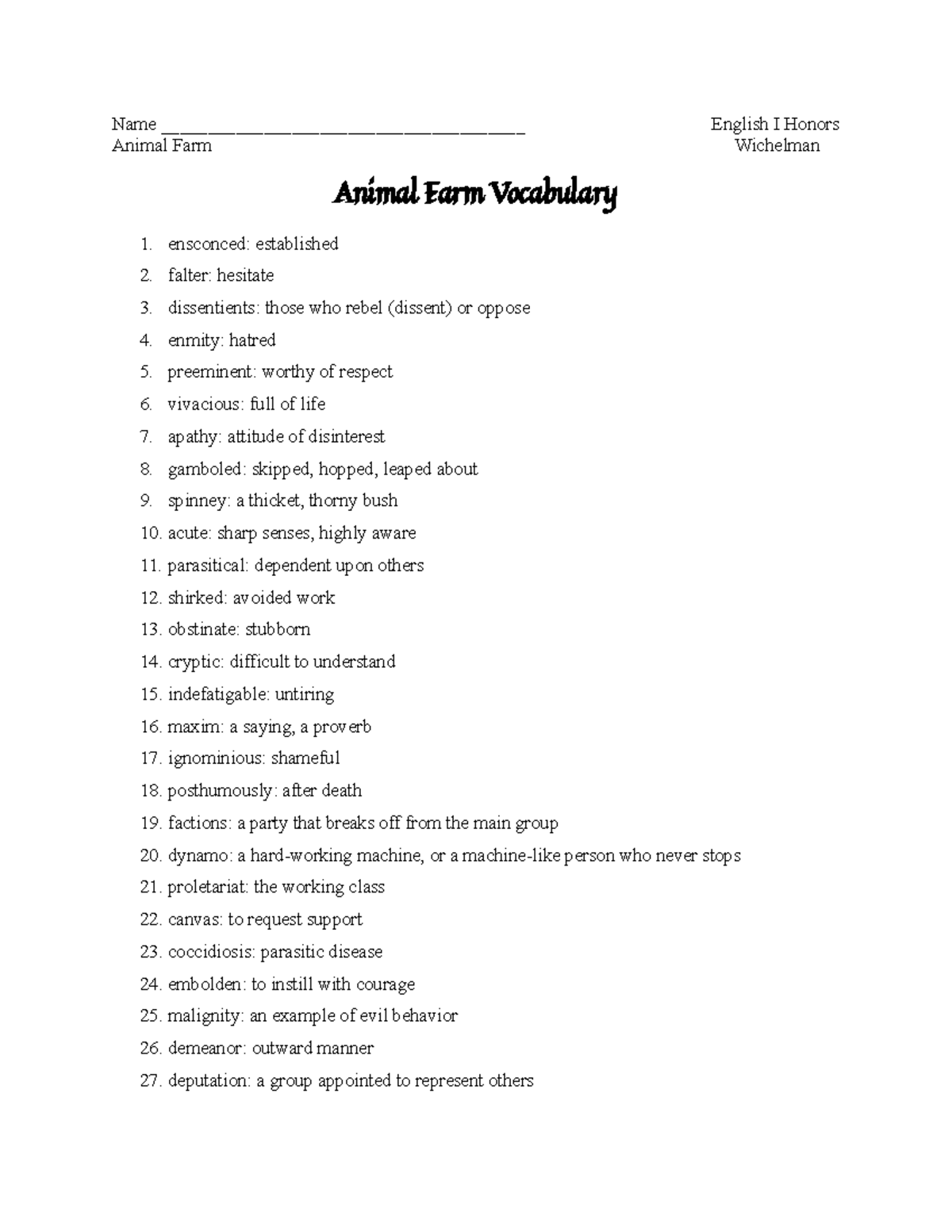 Animal Farm Vocabulary - English I Honors - Studocu