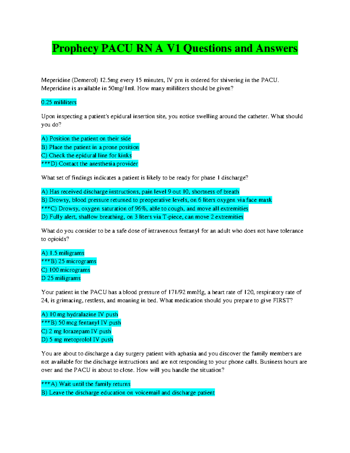 PACU RN A V1 Exam Q&A Study Guide: Key Concepts and Scenarios - Studocu