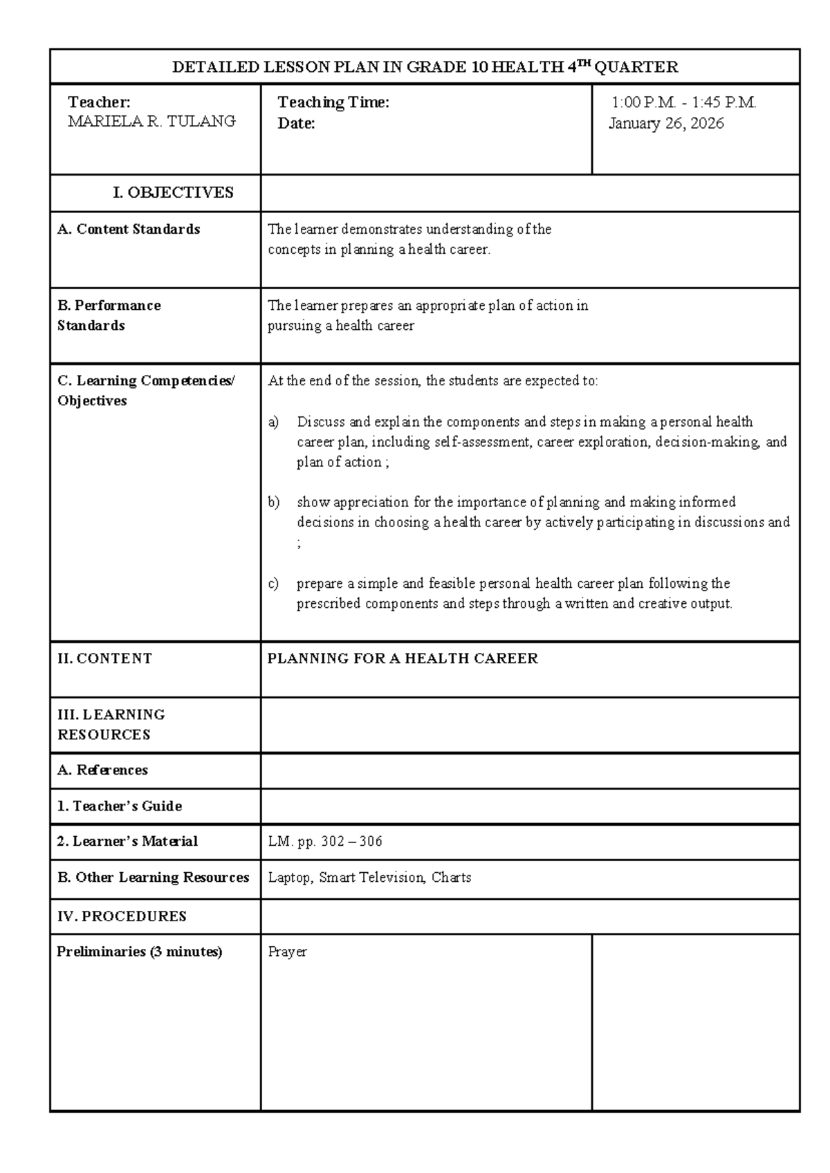 LP Health-10: Detailed Lesson Plan for 4th Quarter Career Exploration ...