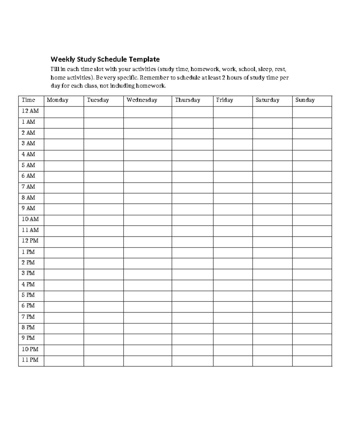 Weekly Study Schedule Template for Effective Time Management - Studocu