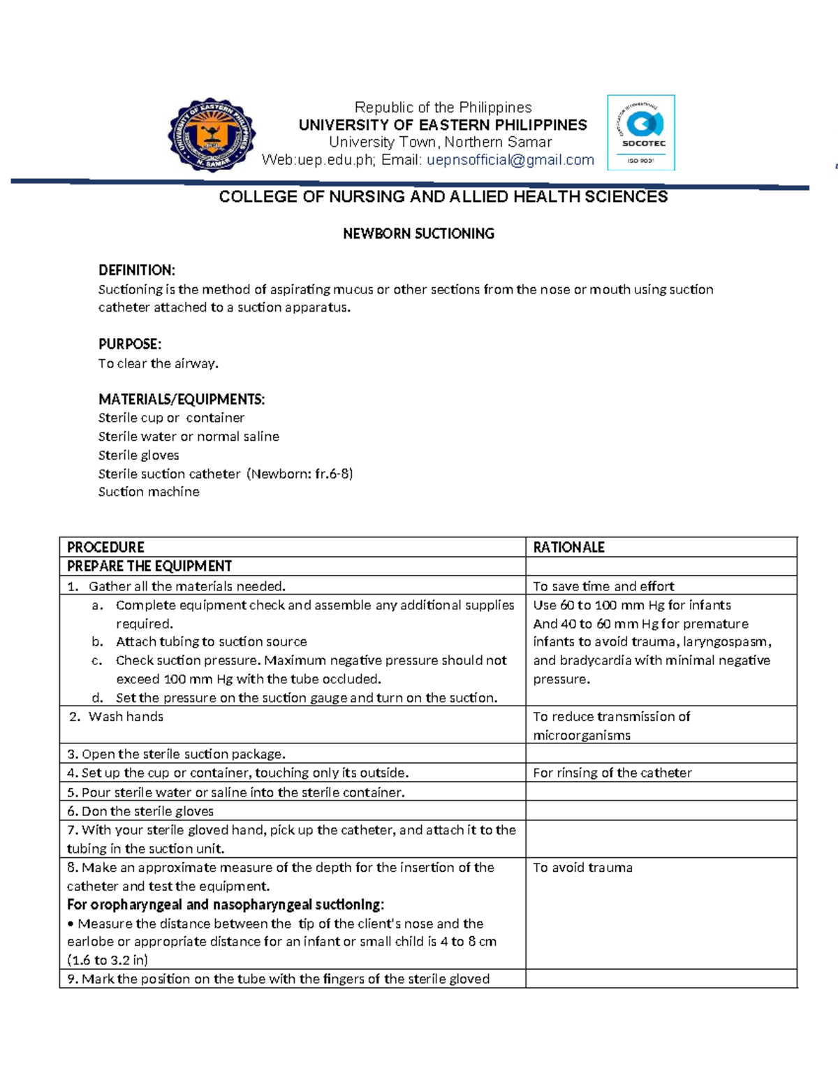Nursing 101: Newborn Suctioning Procedure and Guidelines - Studocu