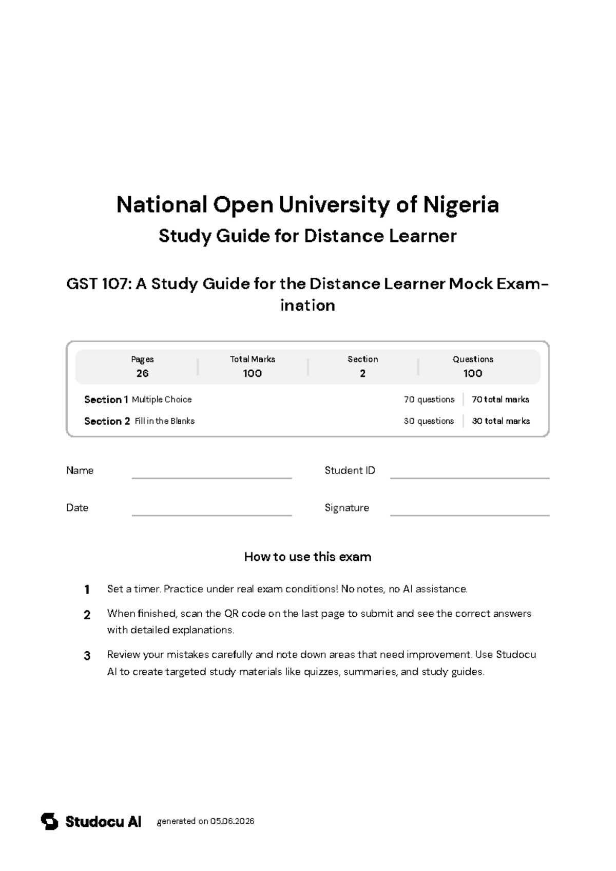 GST 107: Mock Exam Study Guide for Distance Learners - Studocu