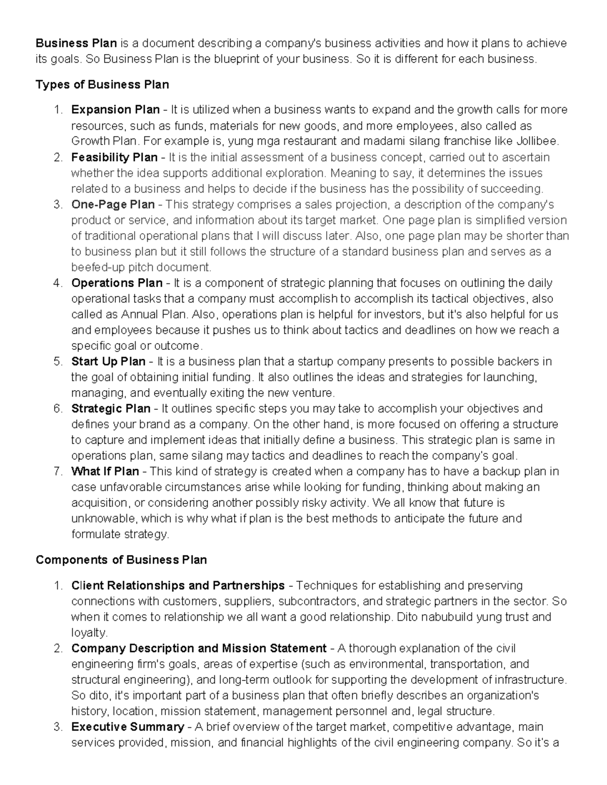 Business Plan Types and Components Overview: Script Techno - Studocu