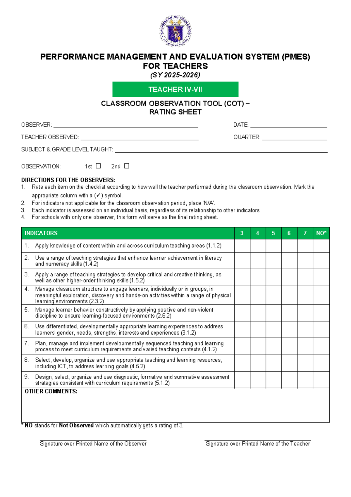 PMES COT Rating Sheet for Proficient Teachers (SY) - Studocu