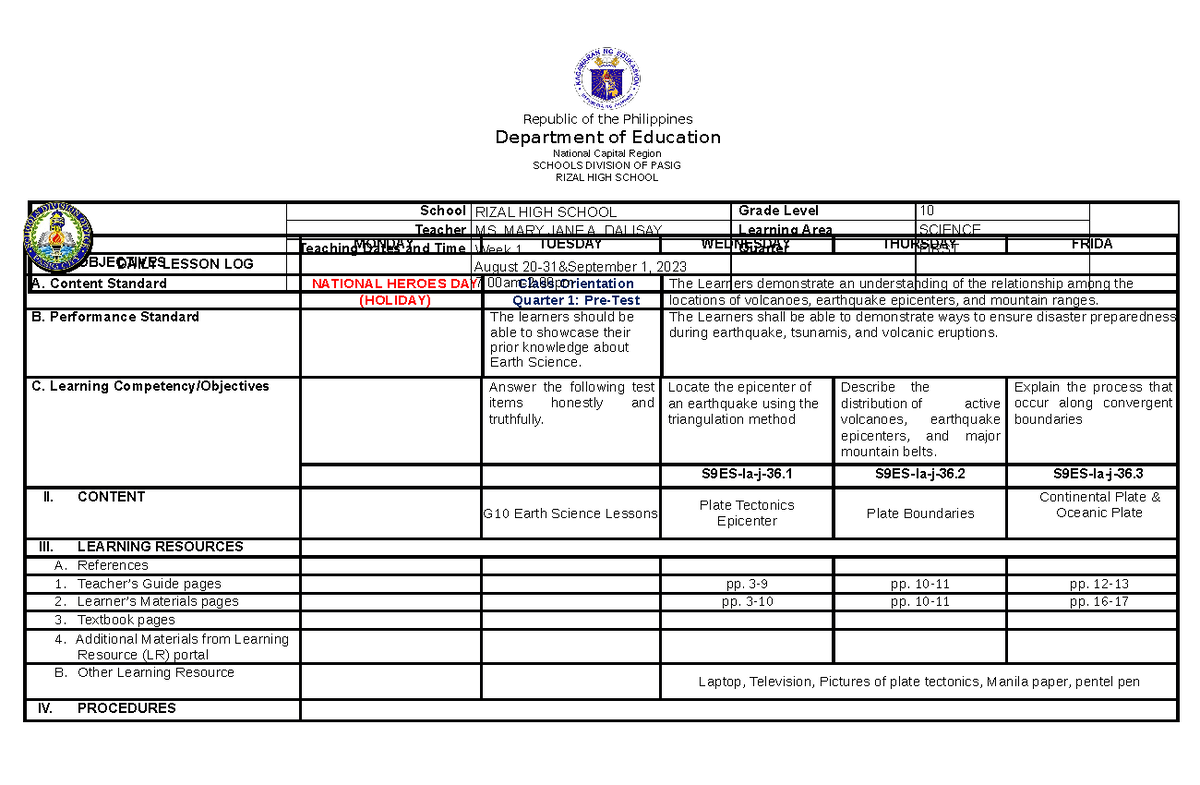 1ST Quarter DLL Week 1 - Science 10 Lesson Plan SY 2023/2024 - Studocu