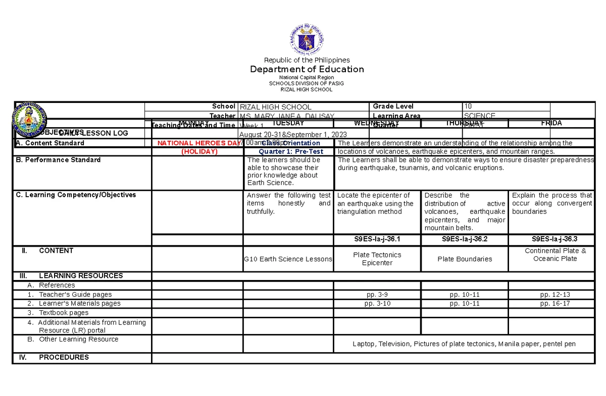 1ST Quarter DLL Week 1 - Lesson plan for Science 10 Week 1 SY 2023\2024 ...