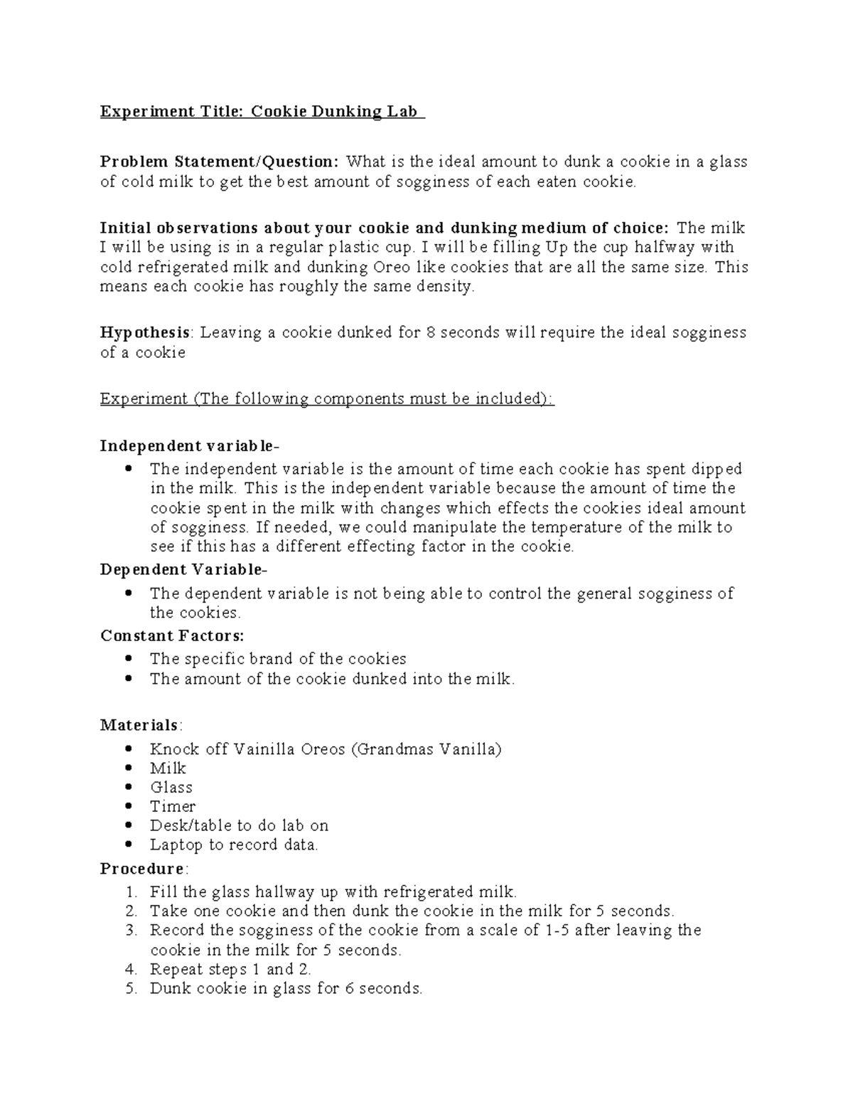 Cookie Dunking Lab 1: Optimizing Sogginess in Milk Experiments - Studocu