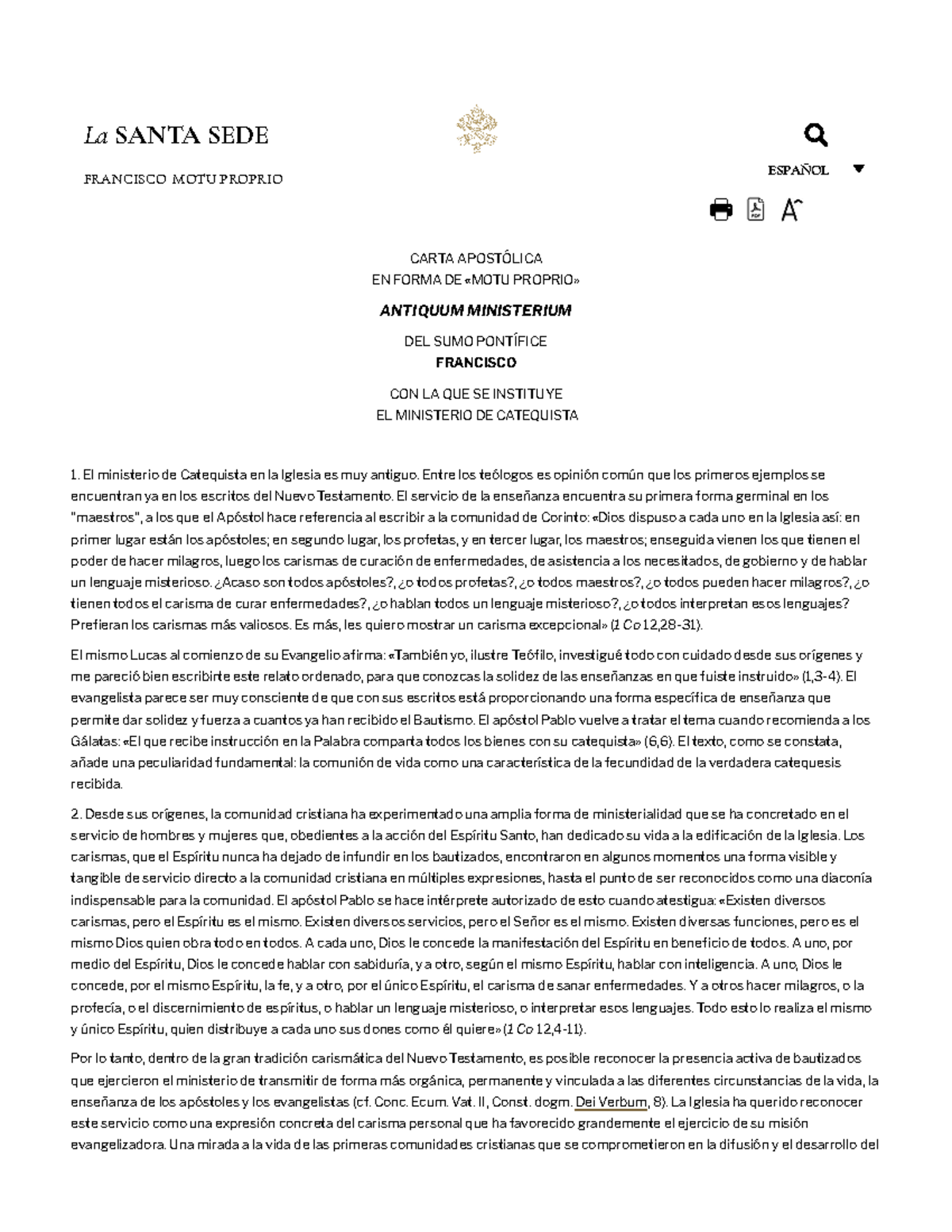 Carta Apostólica Motu Proprio sobre el Ministerio de Catequista - Studocu