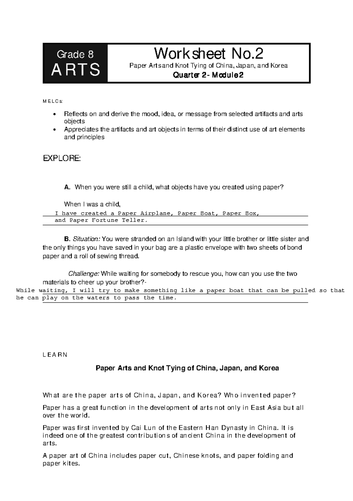 Grade 8 MAPEH Worksheet No.2: Paper Arts & Knot Tying in East Asia ...