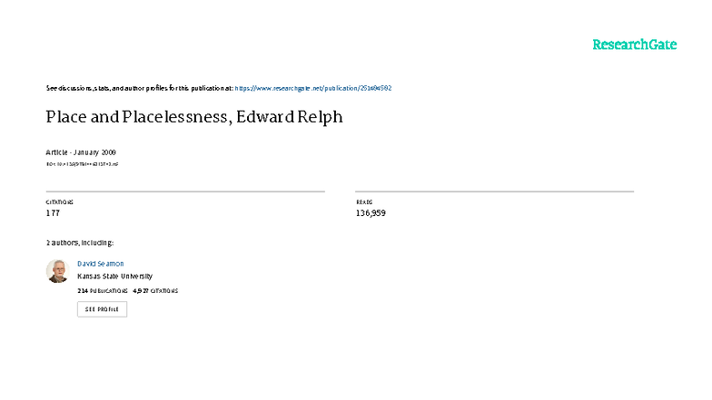Place and Placelessness: Insights from Edward Relph's Work - Studocu