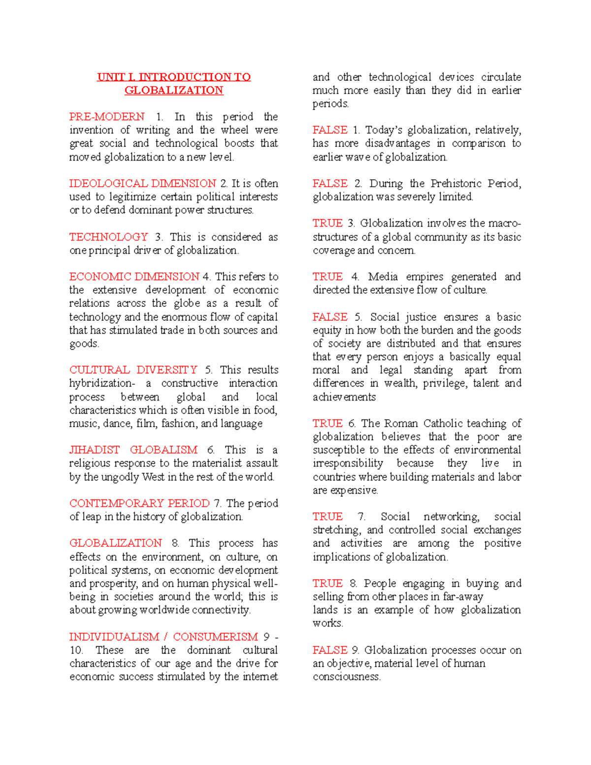 Contempo - Globalization Quiz Notes (Unit I & II) - Studocu
