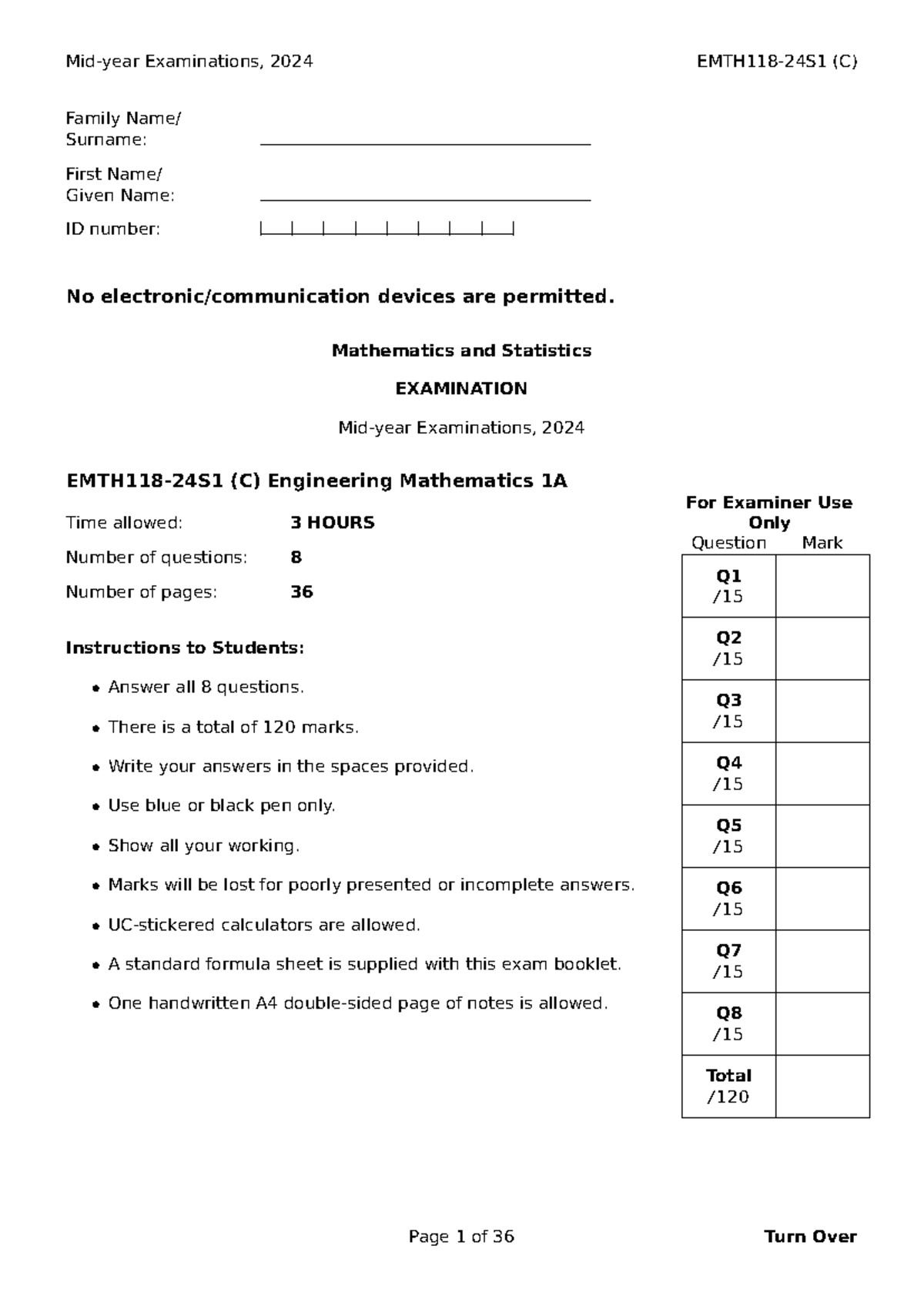 EMTH118-24S1 Final Exam: Engineering Mathematics 1A Overview - Studocu