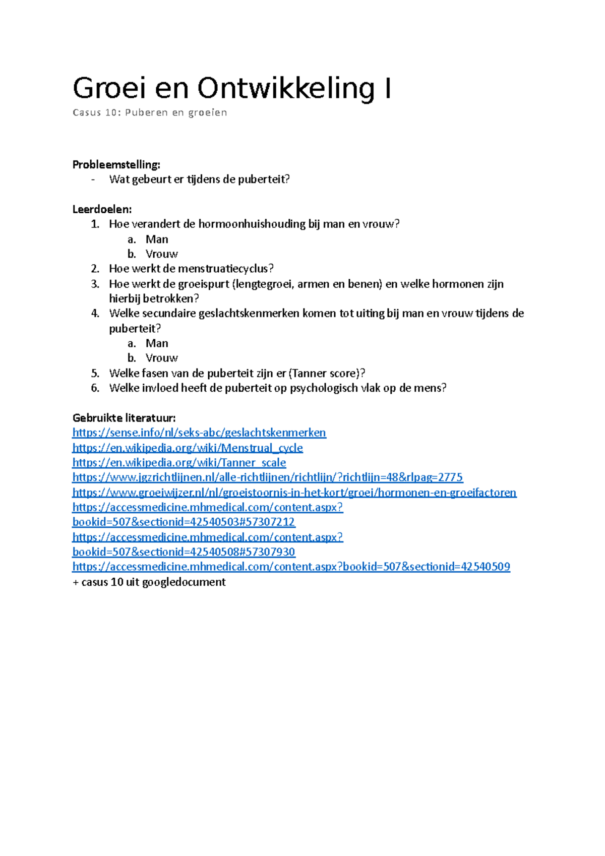 Casus 10: Puberteit - Groei en Ontwikkeling GEN - Leerdoelen en ...