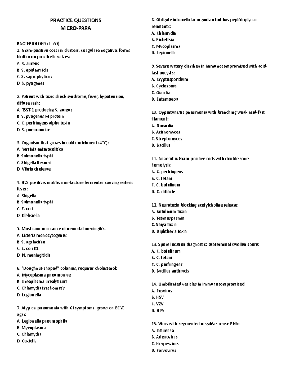 Practice Questions for Bacteriology and Parasitology Final Exam - Studocu