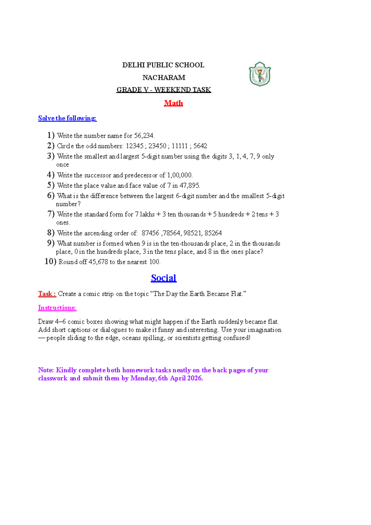 DPS Nacharam Grade V Weekend Task: Math & Social Comic Strip - Studocu