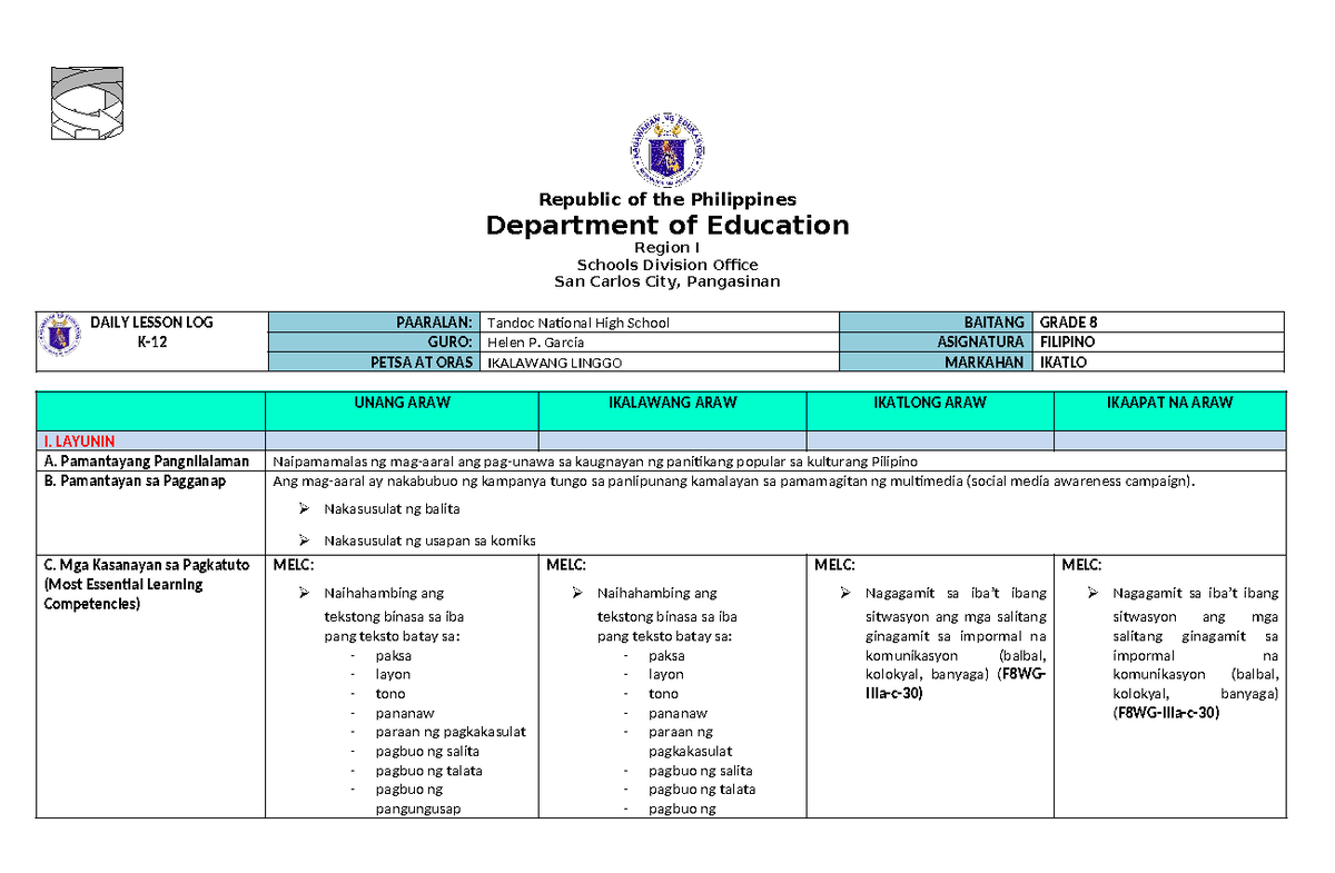 Dll q3w5g8 - Daily Lesson Log - Republic of the Philippines Department ...