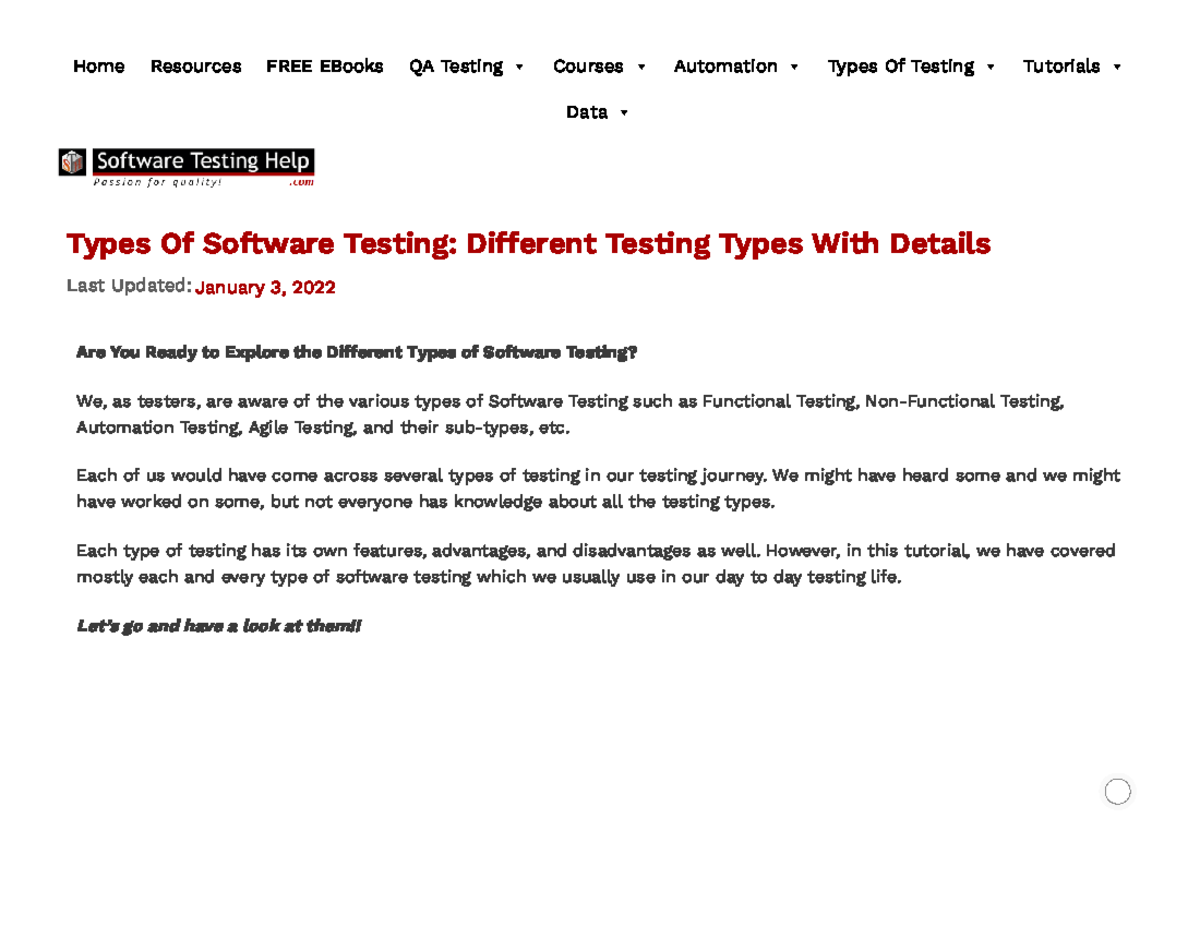 Types of Software Testing Different Testing Types with Details - Last ...