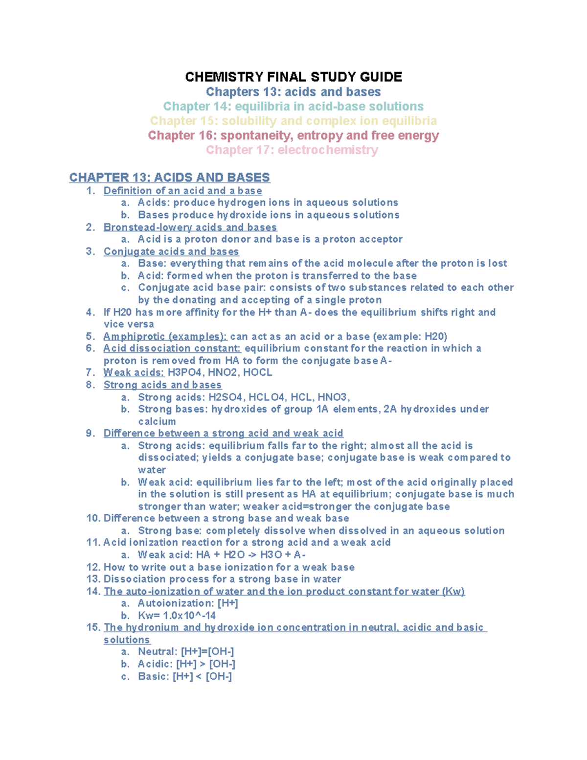 Study guide - CHEMISTRY FINAL STUDY GUIDE Chapters 13: acids and bases ...
