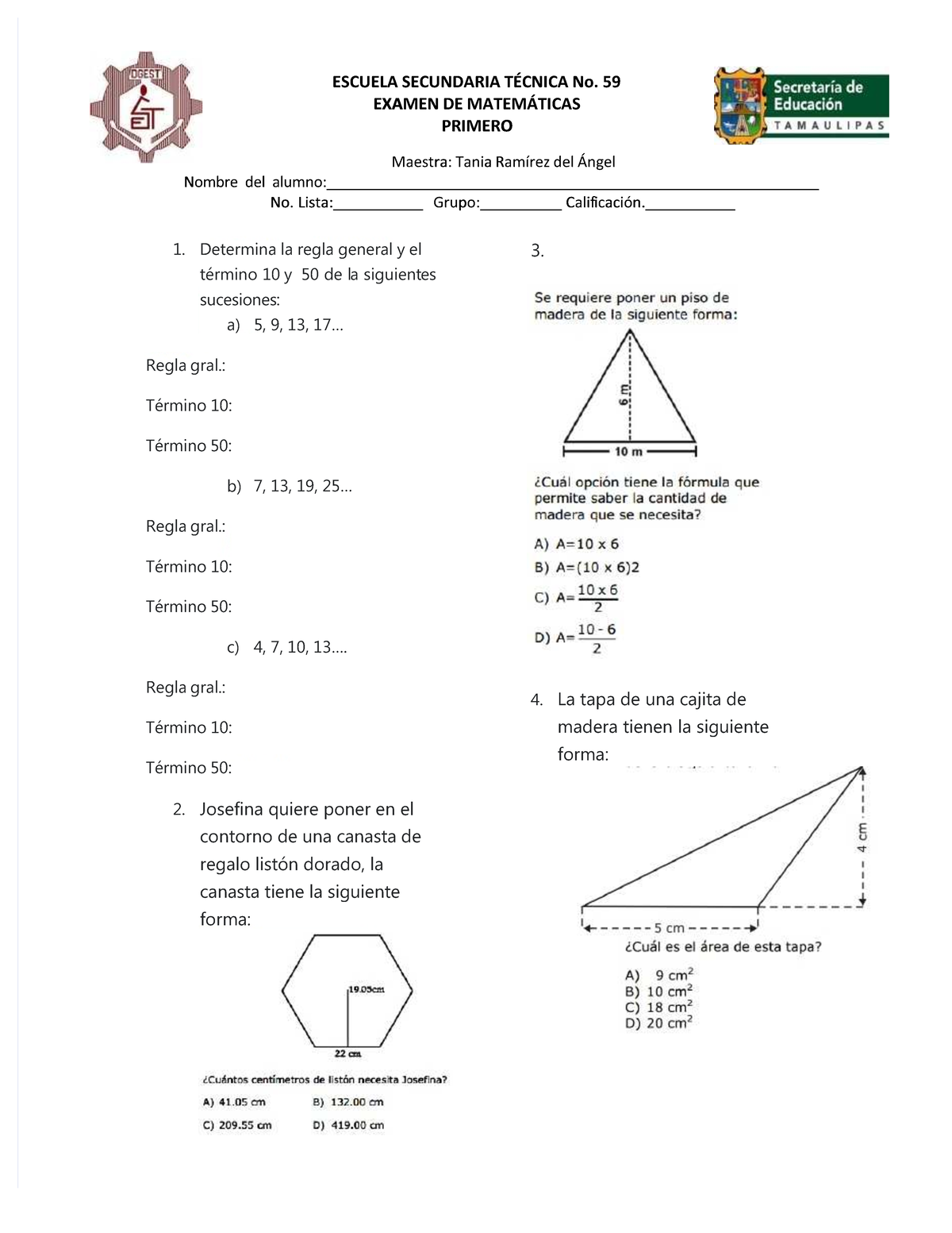 EXAMEN DE MATEMÁTICAS PRIMERO ESC. SEC. TÉCNICA No. 59 - Studocu