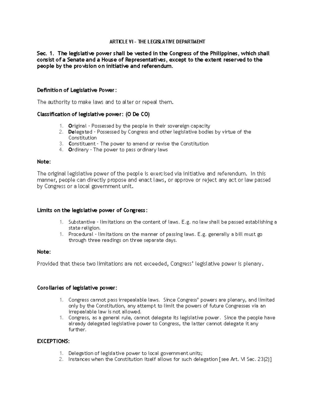 Political Law 1: Legislative Department Overview and Key Provisions ...