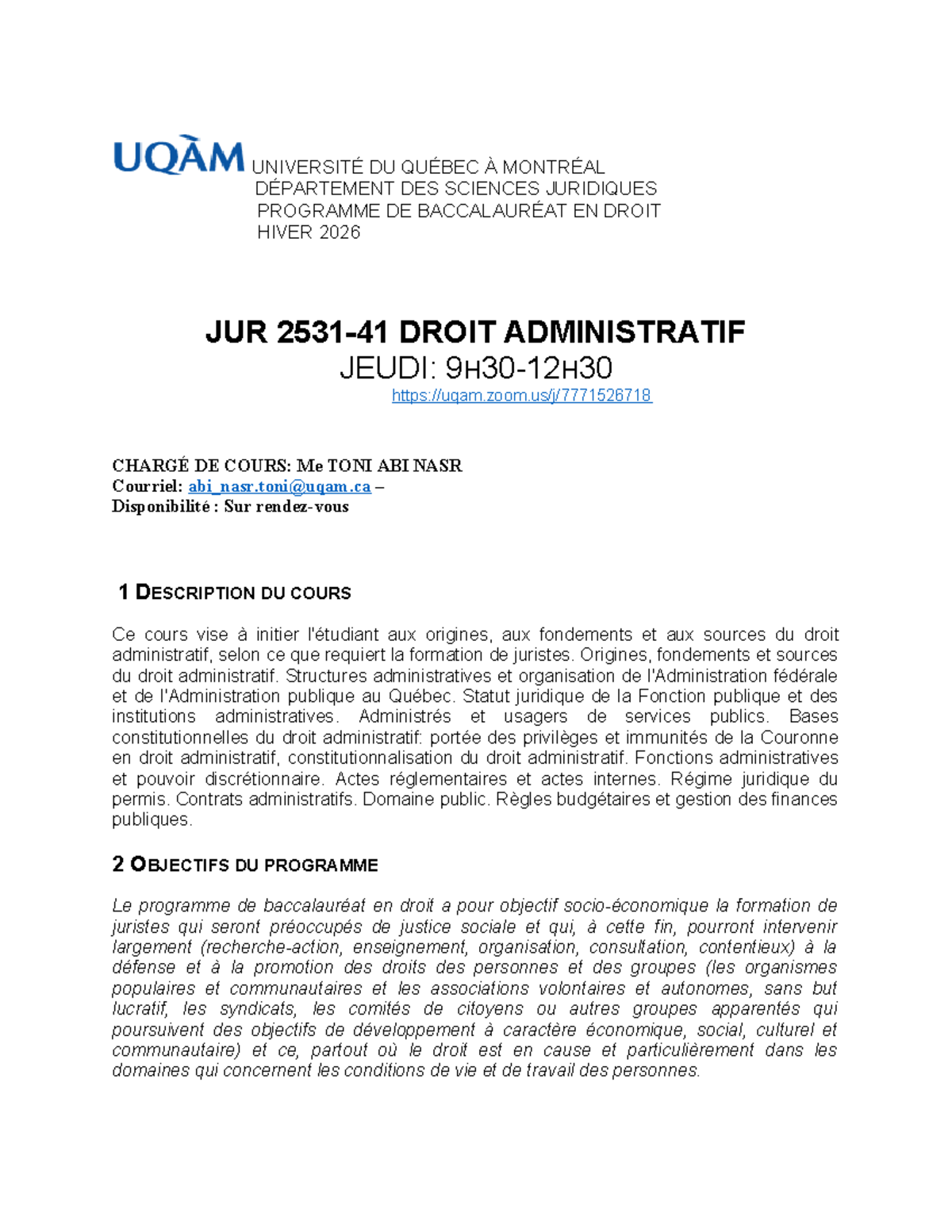 Plan de Cours: Droit Administratif - Jur 2026 - Me Toni Abi Nasr - Studocu